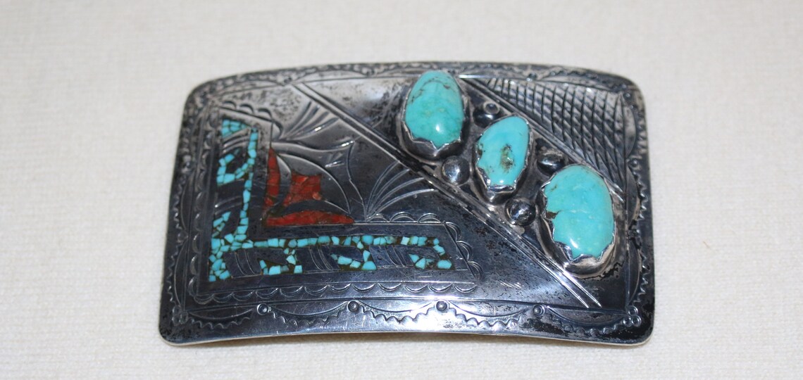 Navajo Signed J Nezzie Sterling Silver Large Morenci Turquoise Coral ...