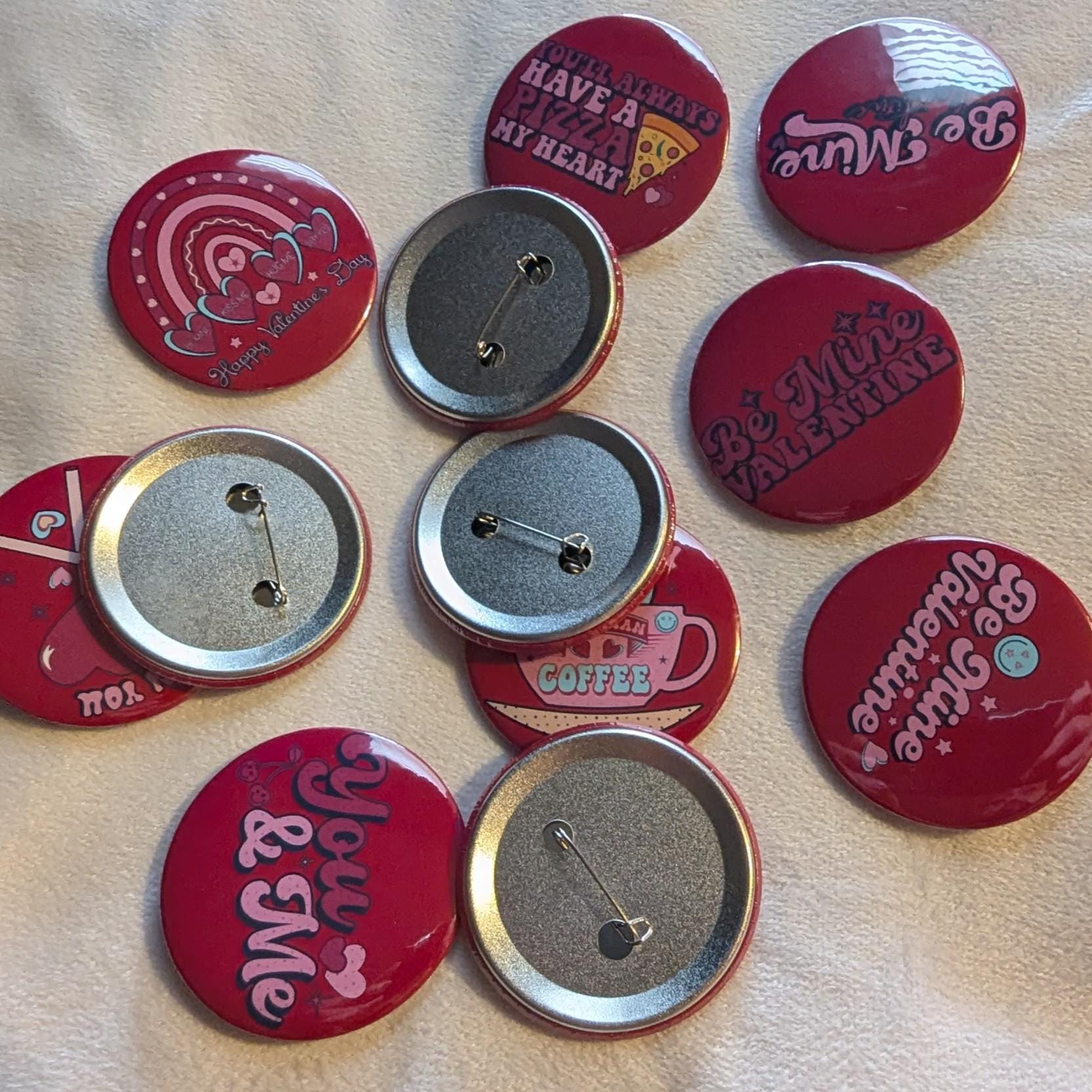 Valentine's Day Cartoon Text Pinback Buttons - 2.25" Metal Badge Set ...