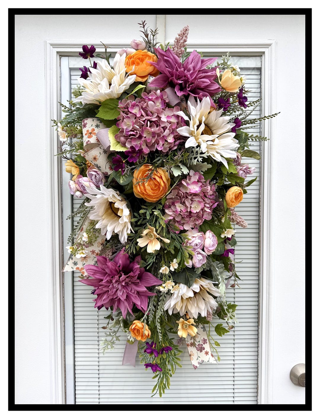 Designer Floral Door Swag, Spring Summer Front Door Swag, Home Decor Vertical Swag, French ...