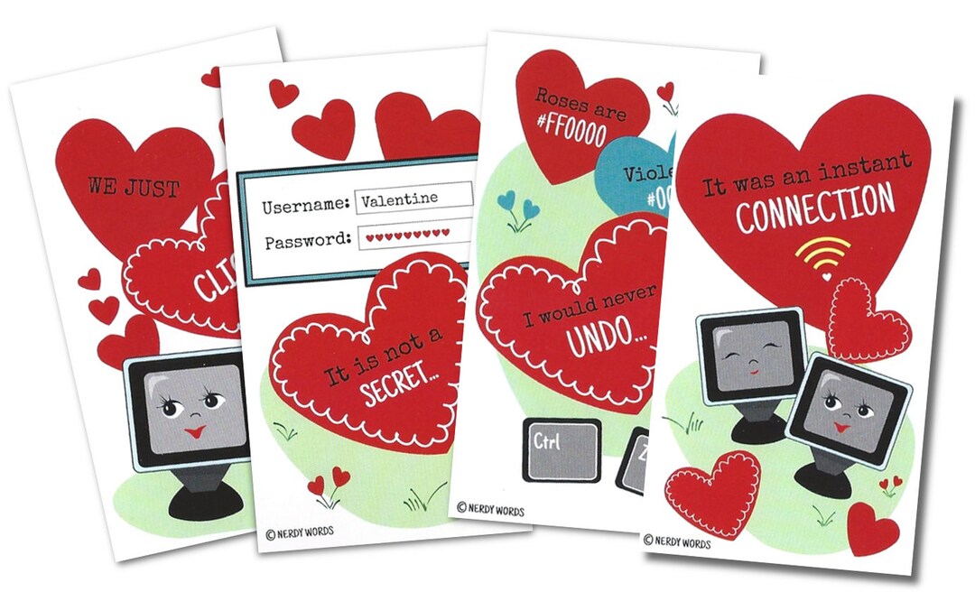 Tiny Computer-themed Valentines Day Cards Set of 24 | Computer Geek ...