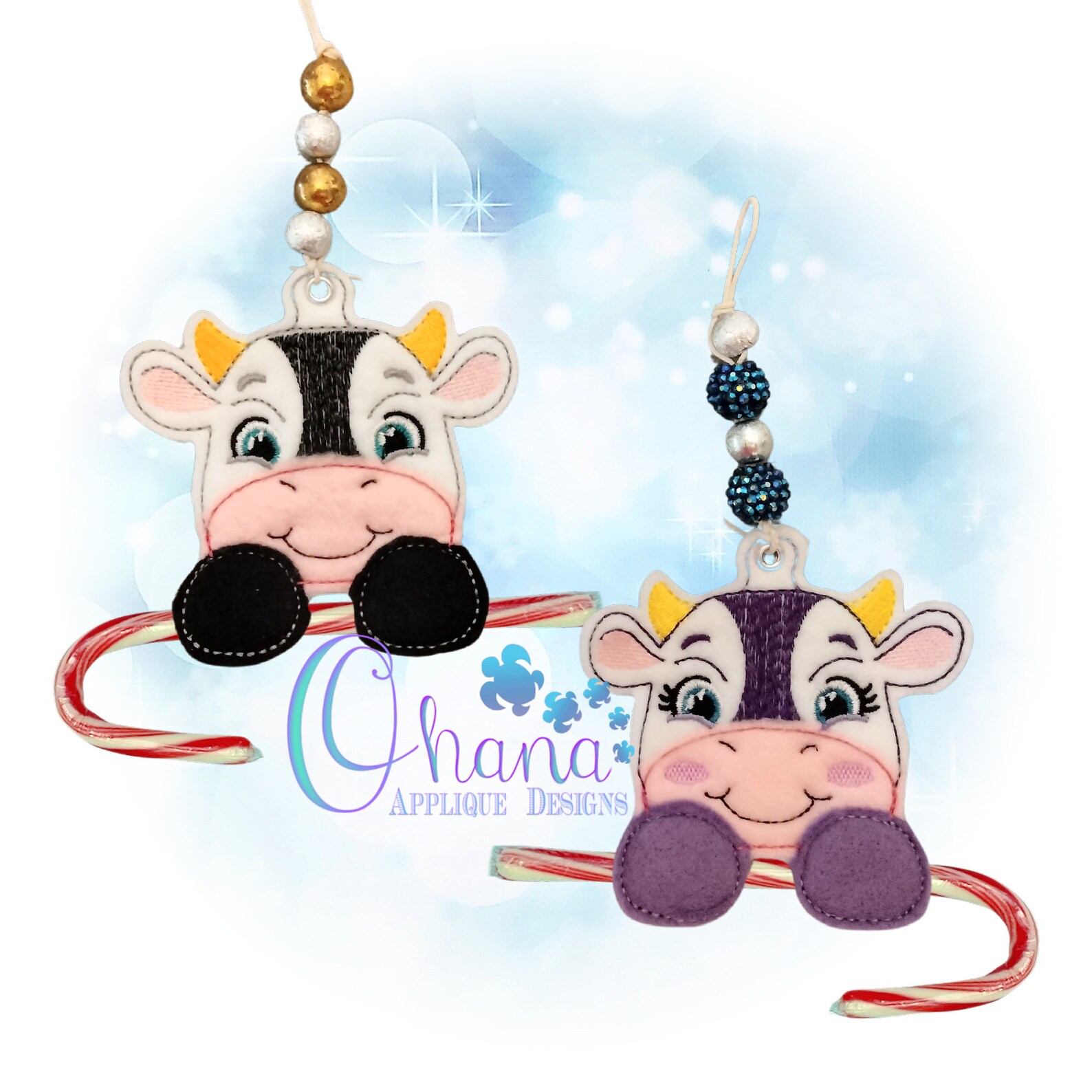 Cow Single Candy Cane Holder Ornament in the Hoop Machine Embroidery ...