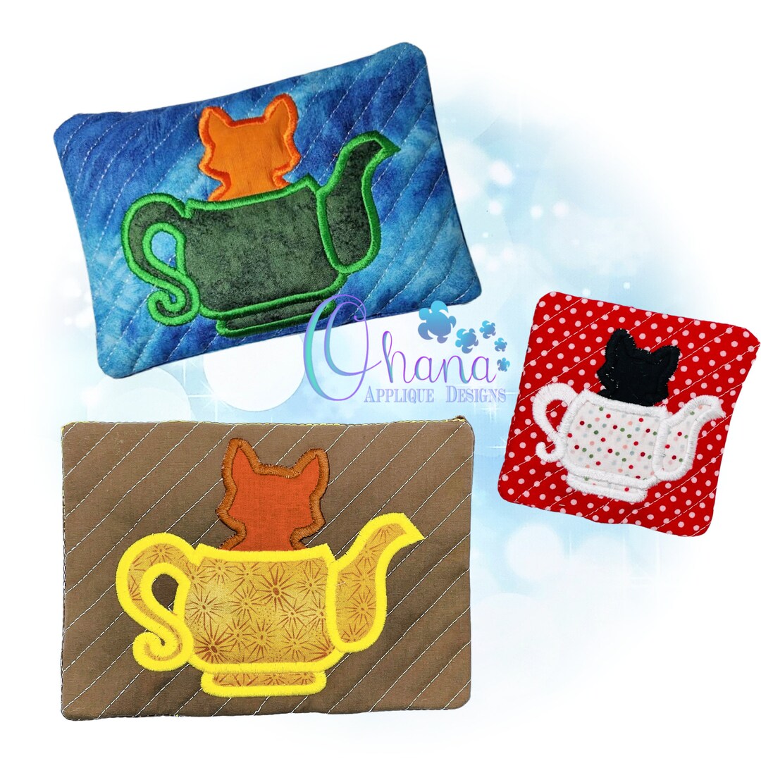 Teapot Kitty Mug Rug in the Hoop Machine Embroidery Design - Etsy