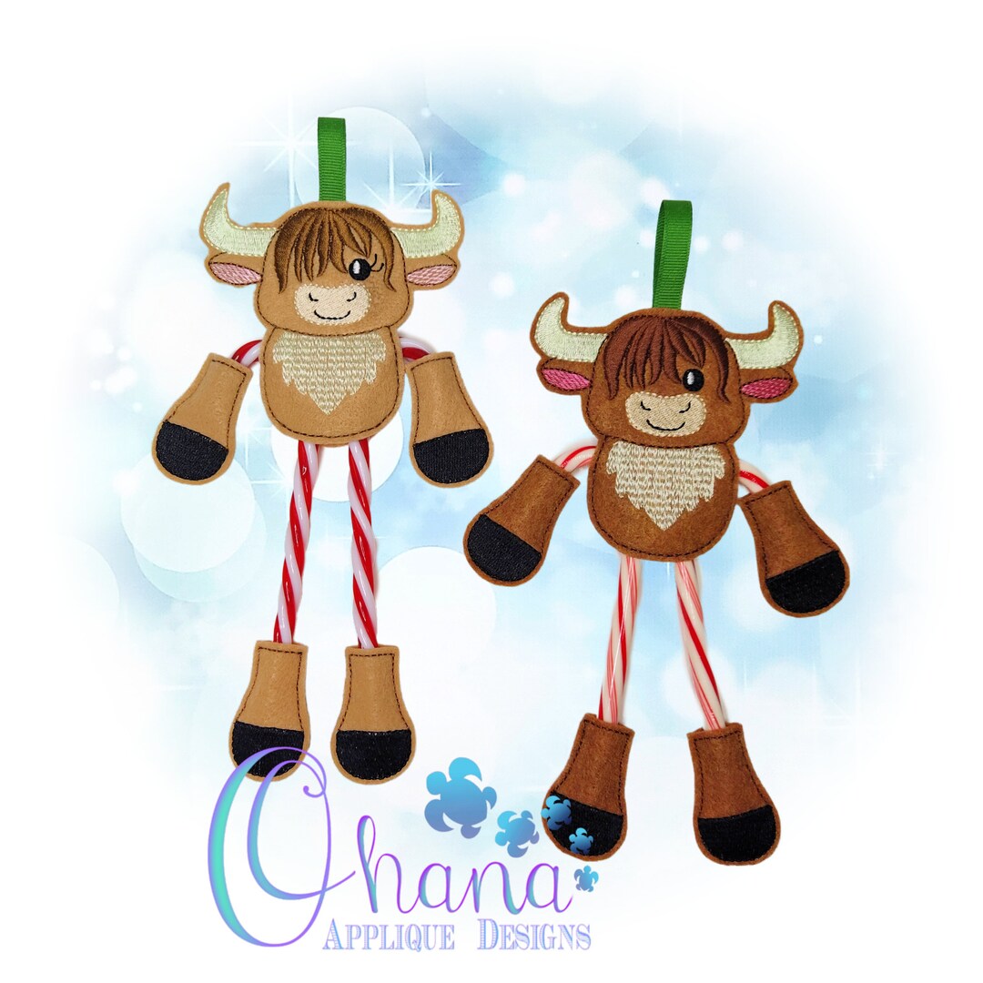 Highland Cow Candy Cane Holder Ornament in the Hoop Machine Embroidery ...