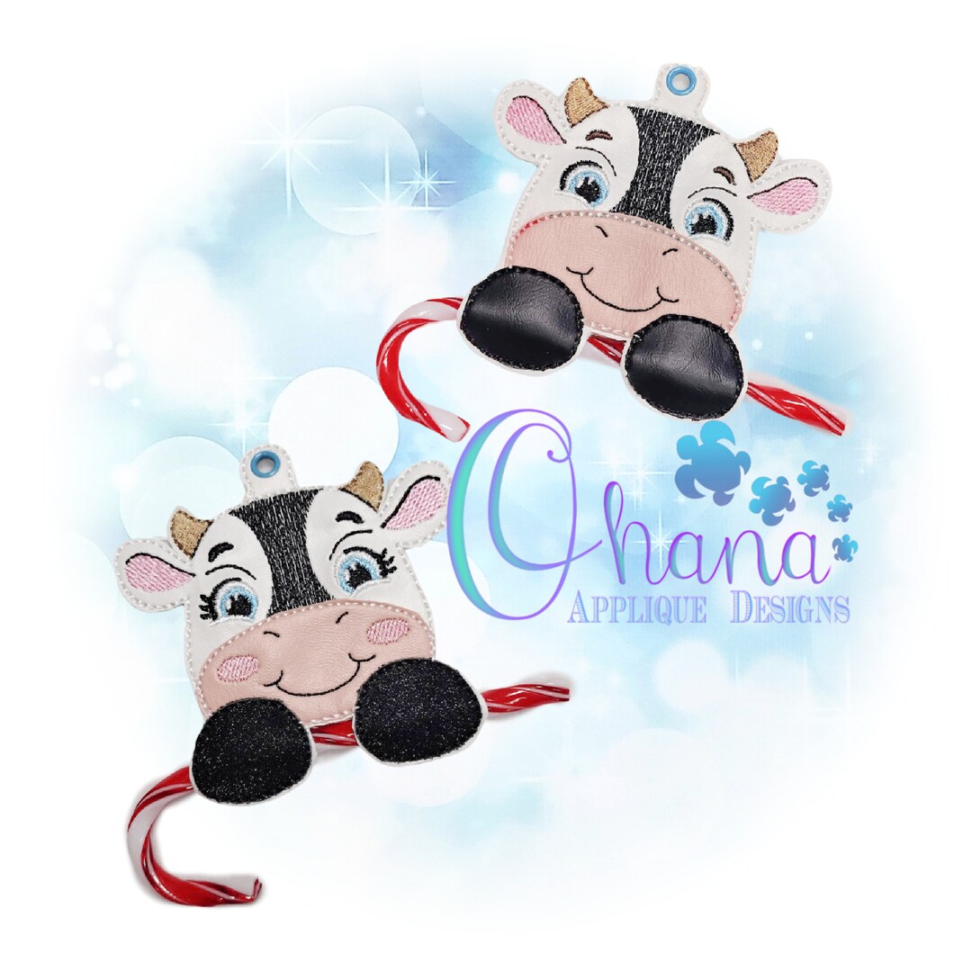 Cow Single Candy Cane Holder Ornament in the Hoop Machine Embroidery ...