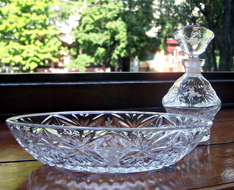 Vintage Crystal Glass Set. Clear Cut Glass Vanity Table Set. Crystal ...