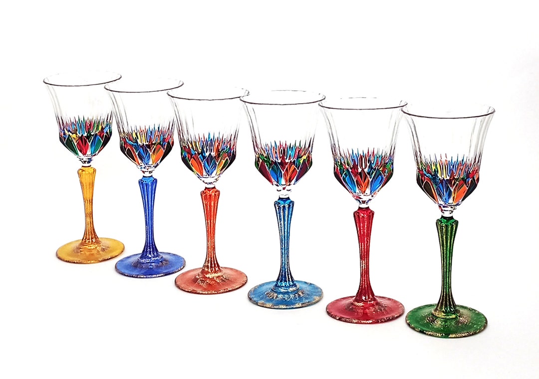 Set 6 Adagio Goblets Cl.22 Multicolor Crystal Hand Painted Murano Style ...
