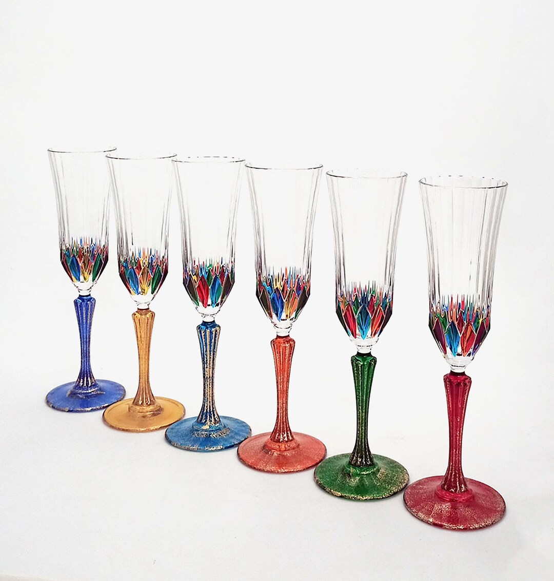 Set of 6 Adagio Flutes 18 Cl – Hand-painted Crystal, Murano Style, Made ...