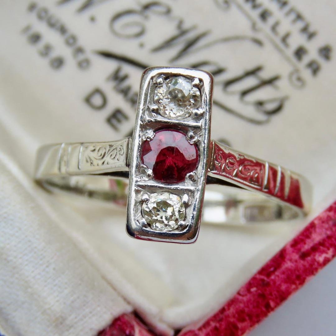 Art Deco Ruby and Diamond Ring Set in 18ct Carat White Gold and ...