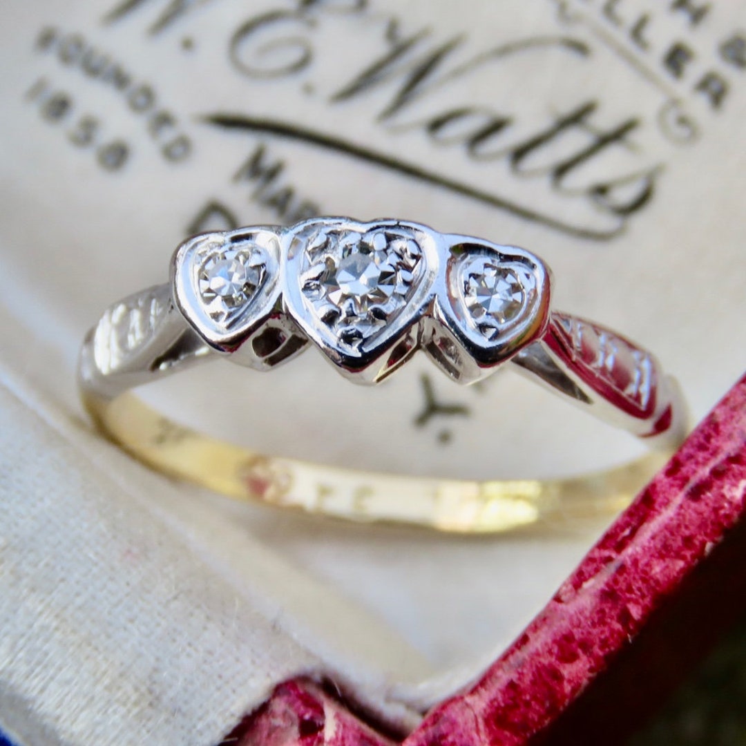 Art Deco Diamond Triple Heart Ring, 18ct Yellow Gold and Platinum Rare ...