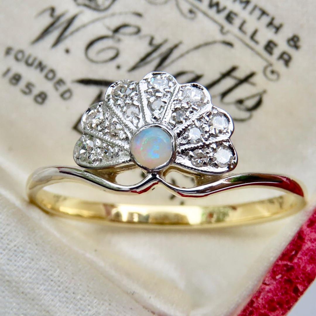 Art Deco Opal and Diamond Fan Ring Set in 18ct Yellow Gold and Platinum ...