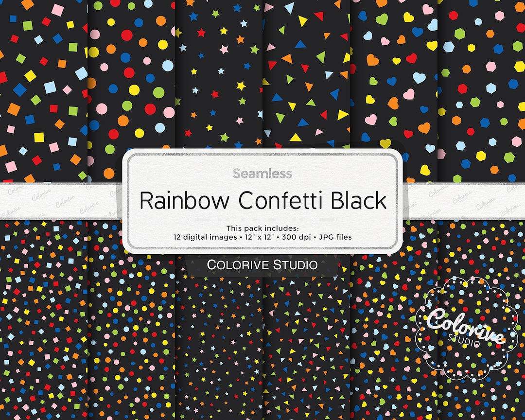 Rainbow Confetti Black Digital Paper, Seamless Confetti Dots Stars ...