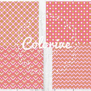 Pink & Gold Glitter Digital Paper, Geometric Patterns in White Pink and ...
