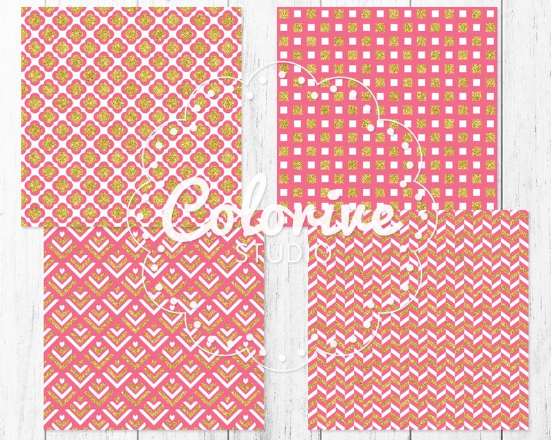 Pink & Gold Glitter Digital Paper Geometric Patterns in White | Etsy