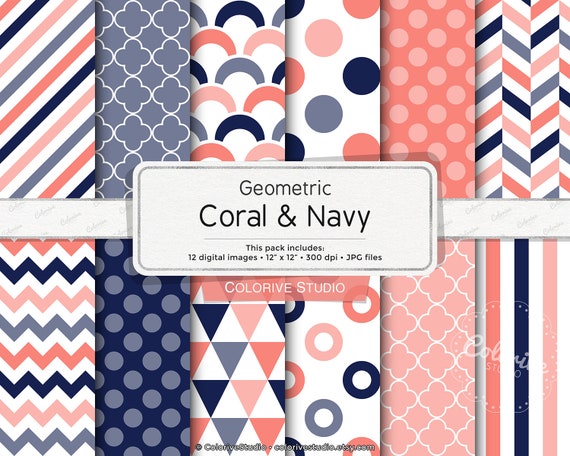 Coral & Navy Digital Paper Polka Dot Chevron Stripes Scales | Etsy