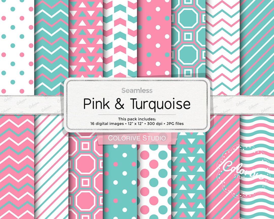 Pink & Turquoise Digital Paper, Stripes Polka Dot Arrows Waves ...