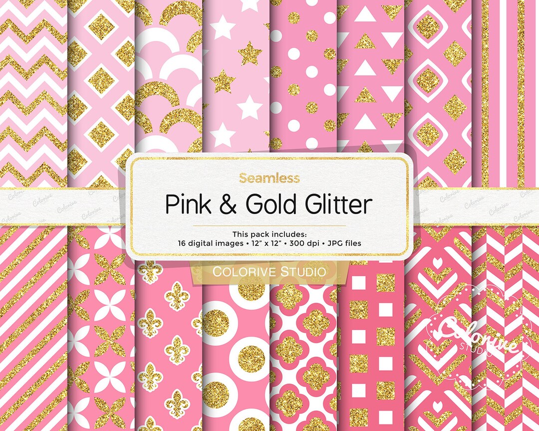 Pink & Gold Glitter Digital Paper, Geometric Patterns in White Pink and ...