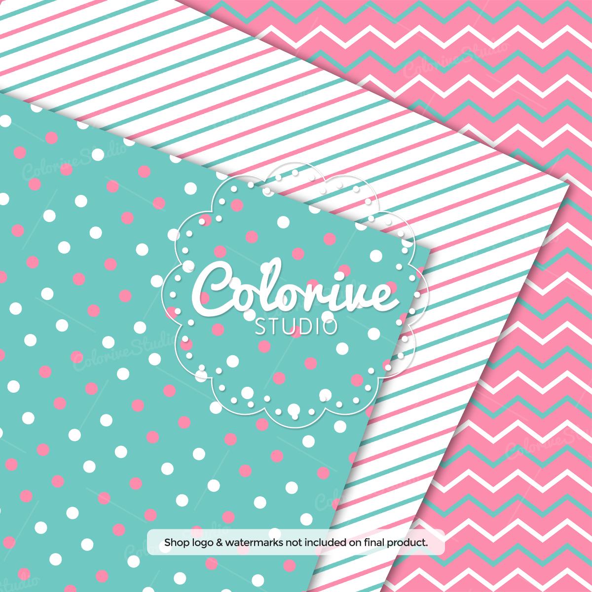 Pink & Turquoise Digital Paper, Stripes Polka Dot Arrows Waves ...