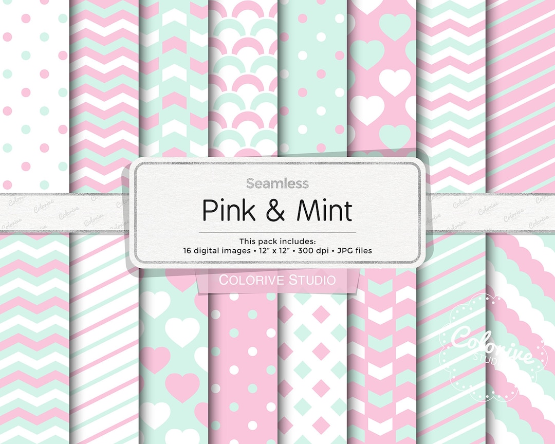 Pink & Mint Digital Paper, Geometric Pastel Pink Mint Patterns Hearts ...