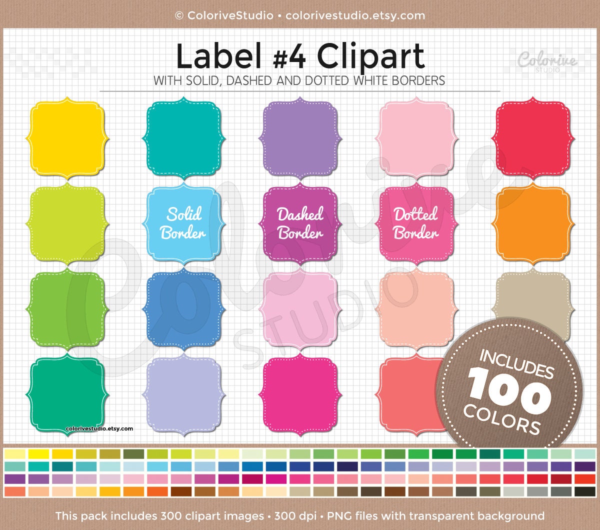 300 Bracket Label clipart in rainbow colors with solid dashed | Etsy