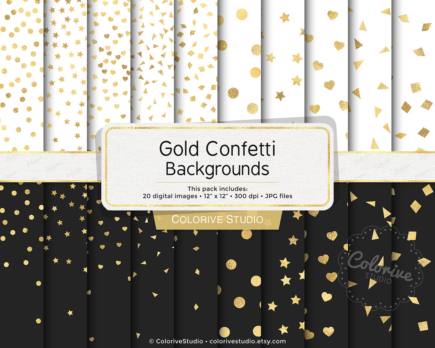 Gold Confetti digital paper black white and gold foil | Etsy