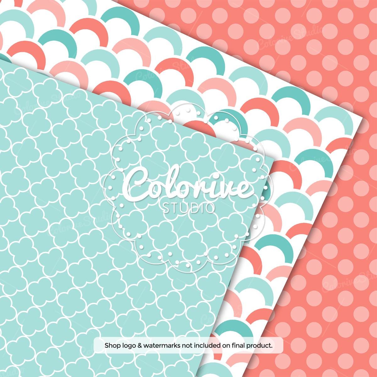 Coral & Turquoise Digital Papers, Polka Dot Chevron Stripes Scales ...