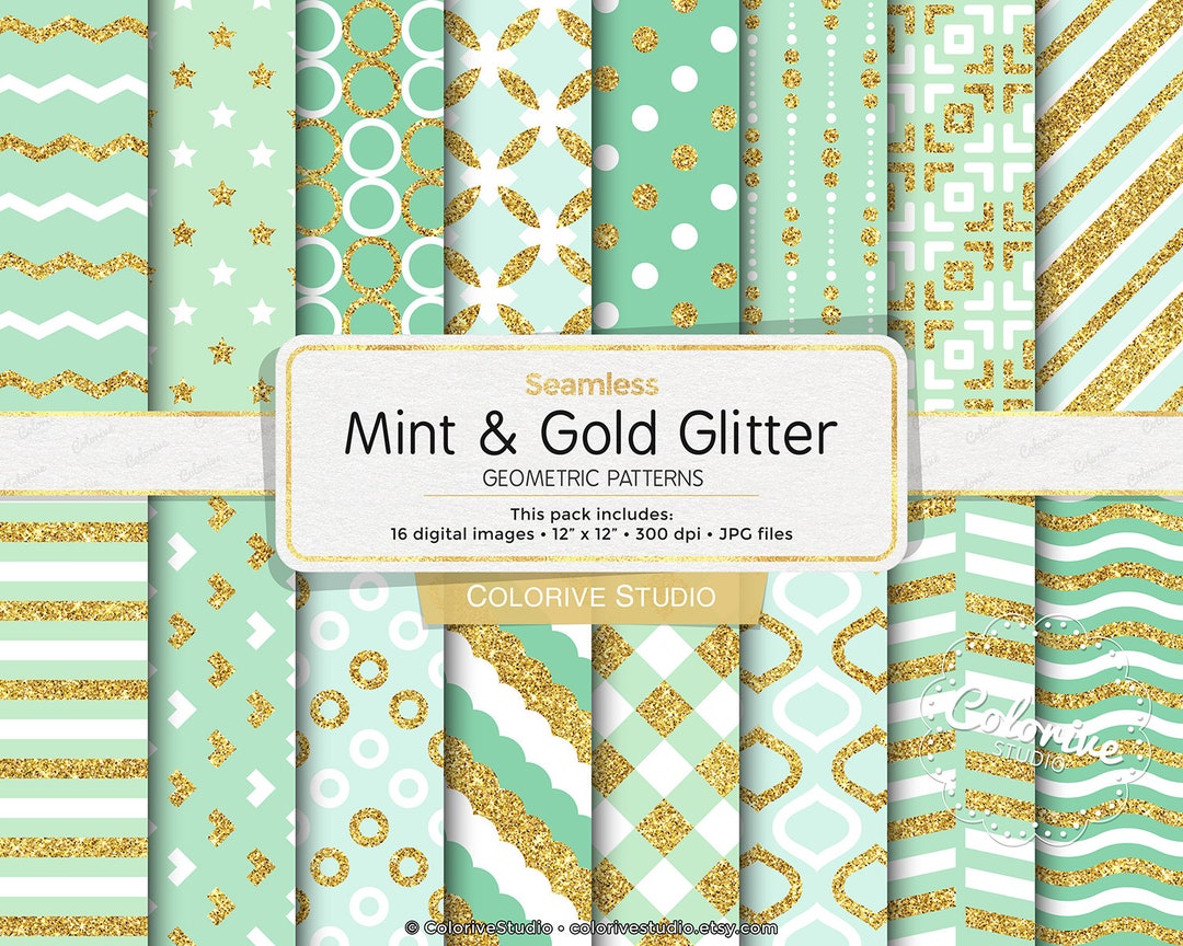 Mint & Gold Glitter Digital Paper Geometric Patterns in White - Etsy