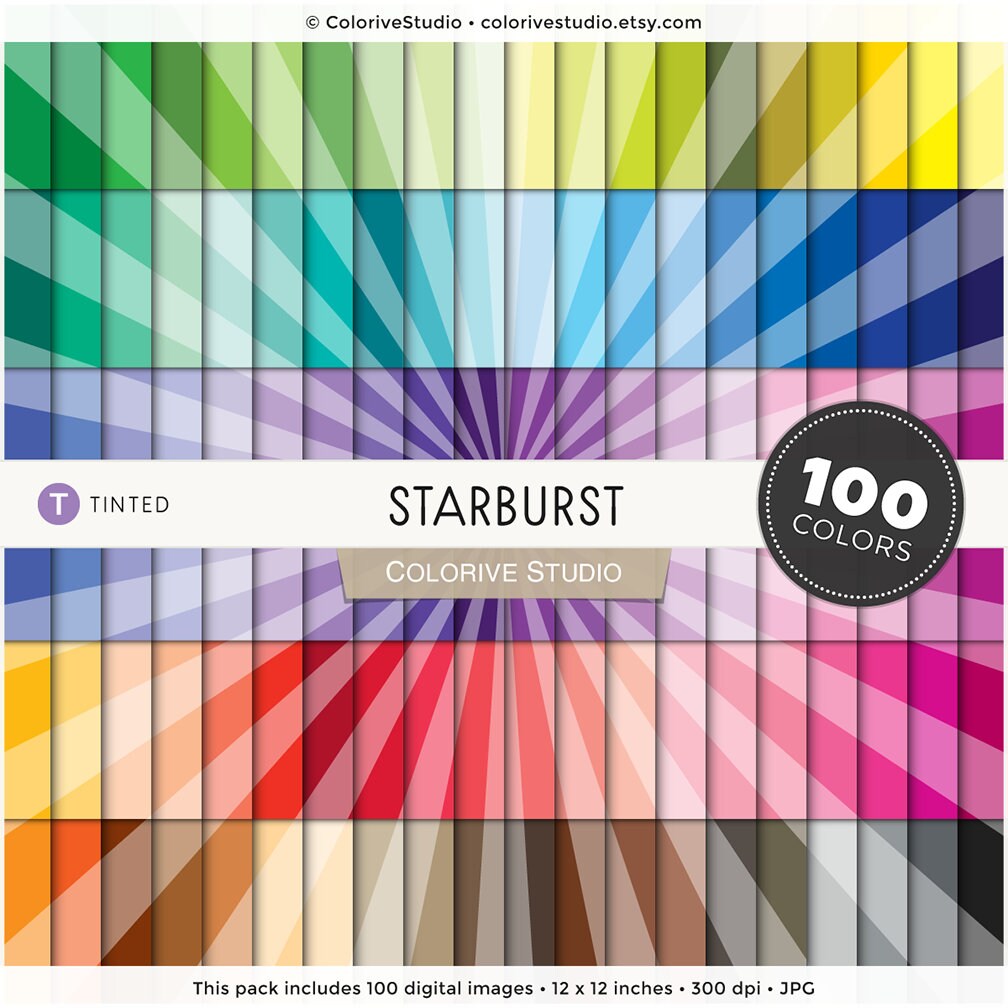 Tinted Starburst Digital Paper 100 Rainbow Colors Sunburst | Etsy