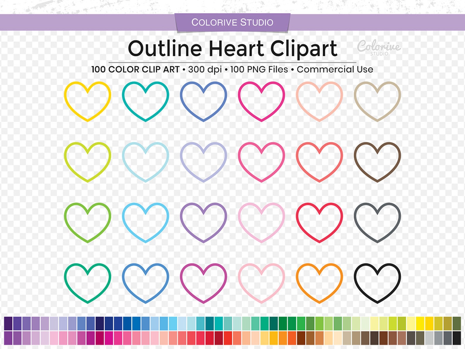 100 Outline Heart Clipart in Rainbow Colors Solid Flat Hearts Frame ...
