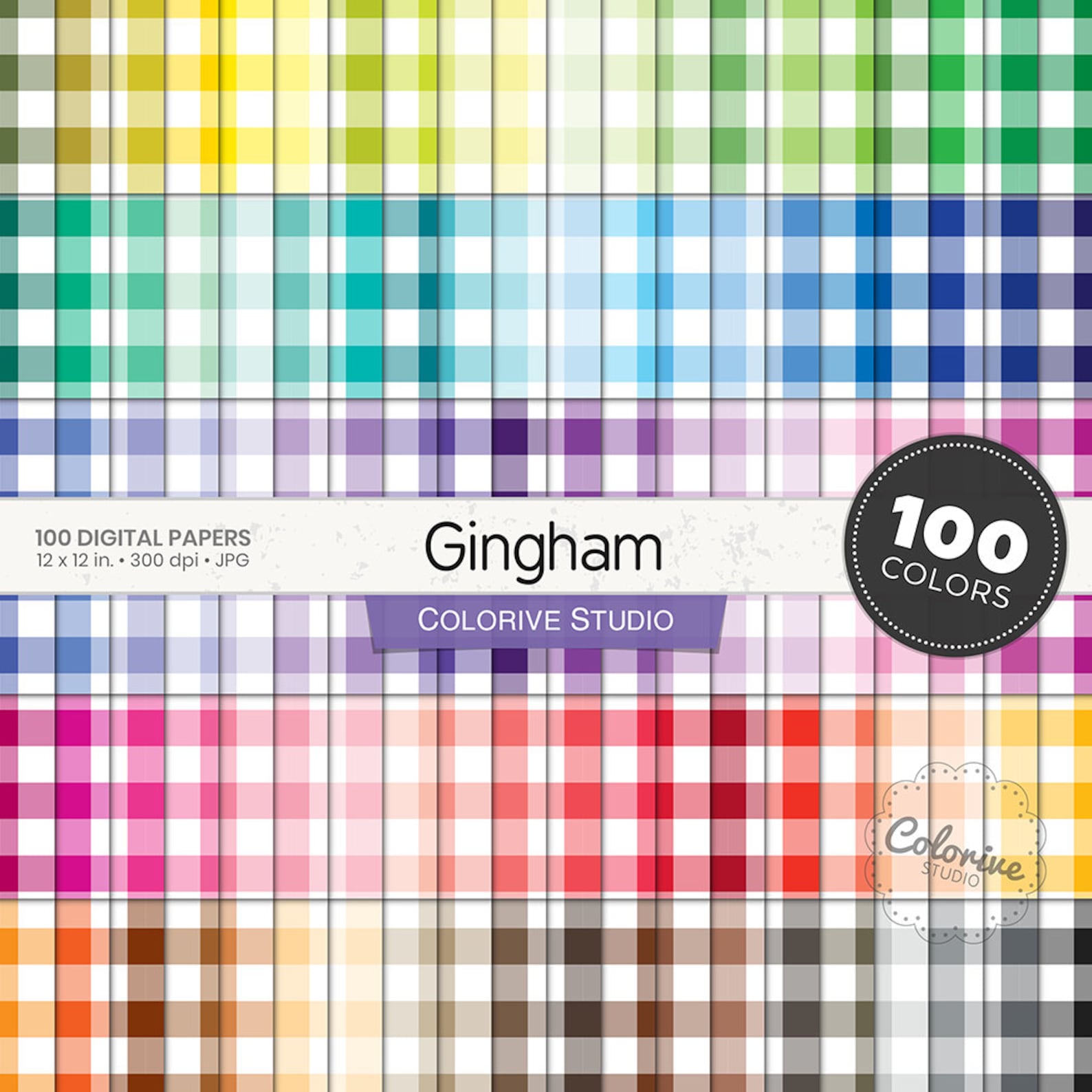 Gingham Digital Paper 100 Rainbow Colors Straight Horizontal Gingham ...