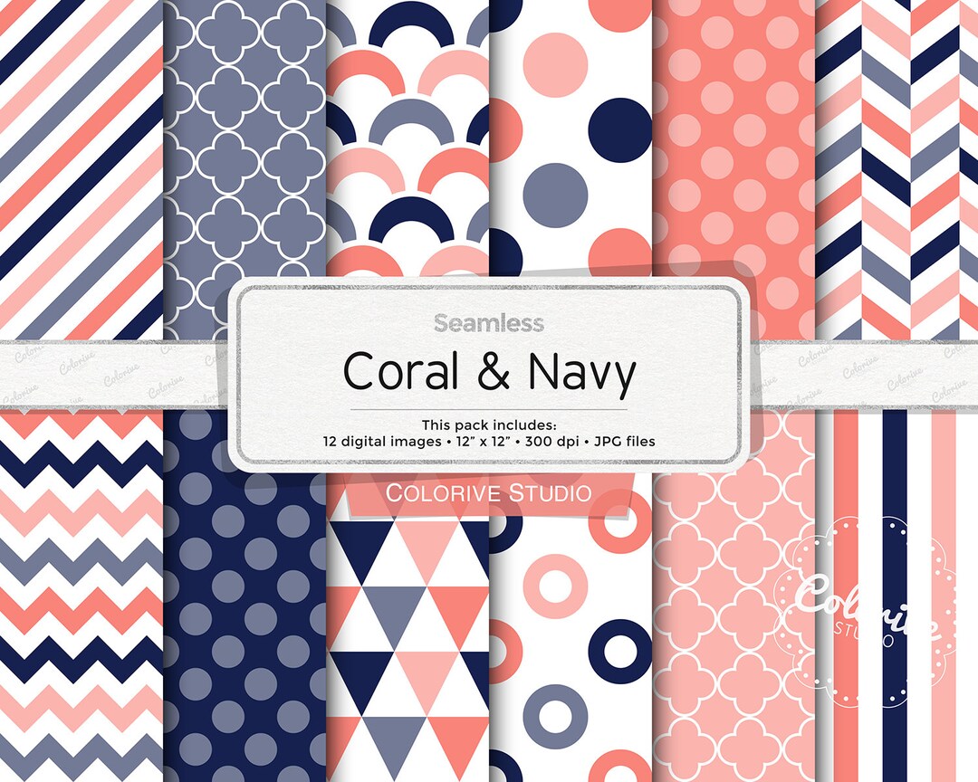 Coral & Navy Digital Paper, Polka Dot Chevron Stripes Scales Green ...