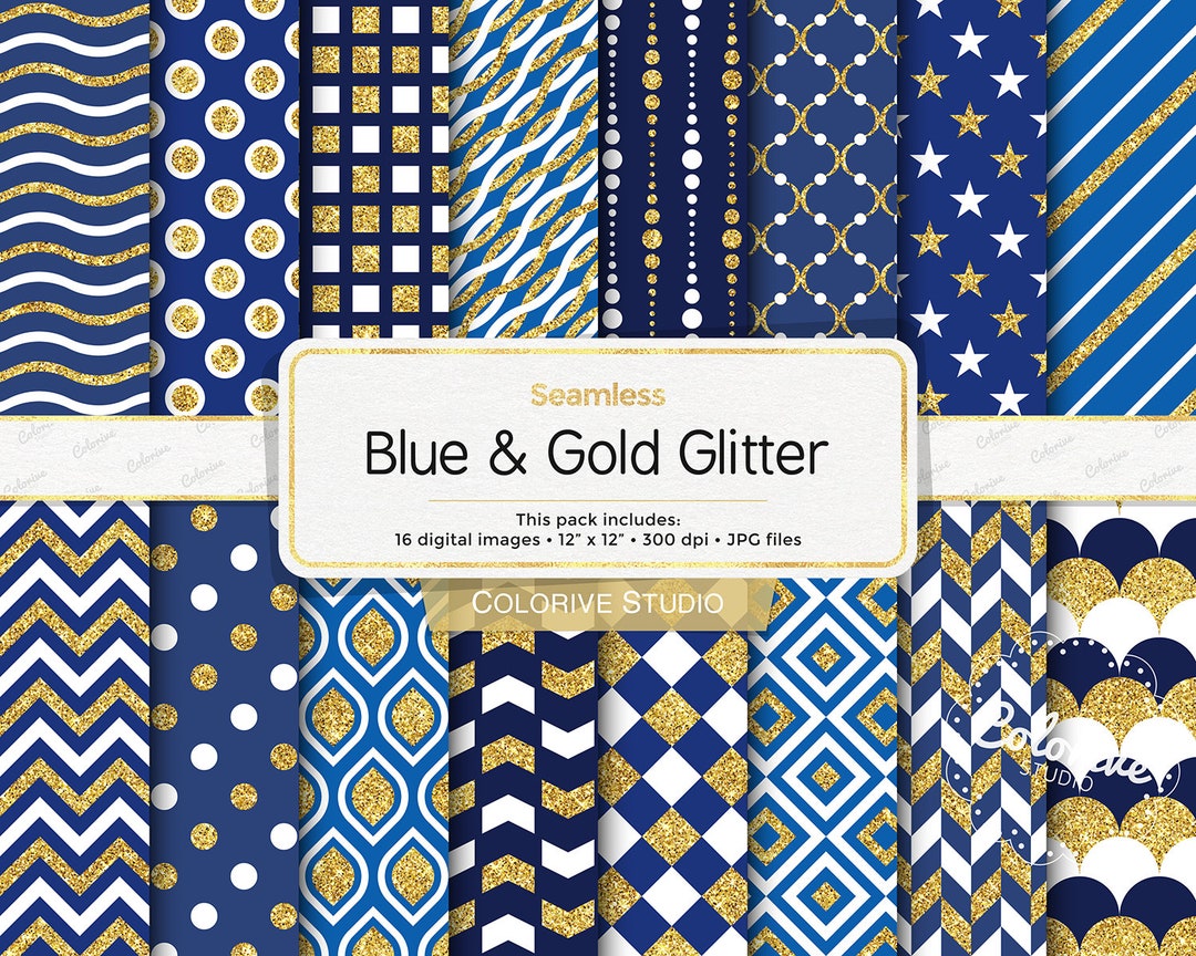Blue & Gold Glitter Digital Paper, Blue Shades White and Gold Glitter ...