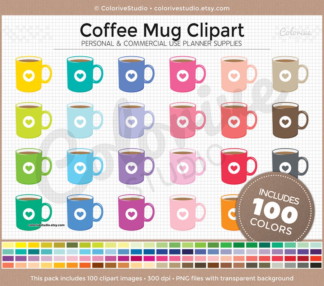 100 Coffee Mug Clipart in Rainbow Colors Heart Coffee Cocoa Cup Clipart ...