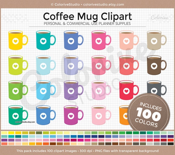 100 Coffee Mug Clipart in Rainbow Colors Heart Coffee Cocoa - Etsy