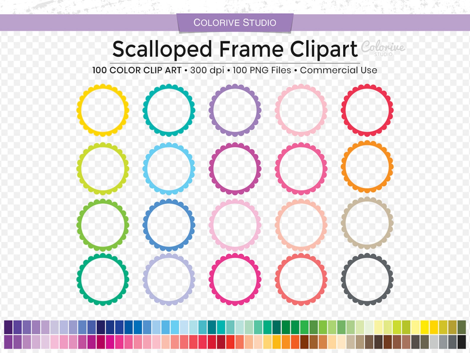 100 Scalloped Circle Frame Clipart: Rainbow Border Planner Stickers ...
