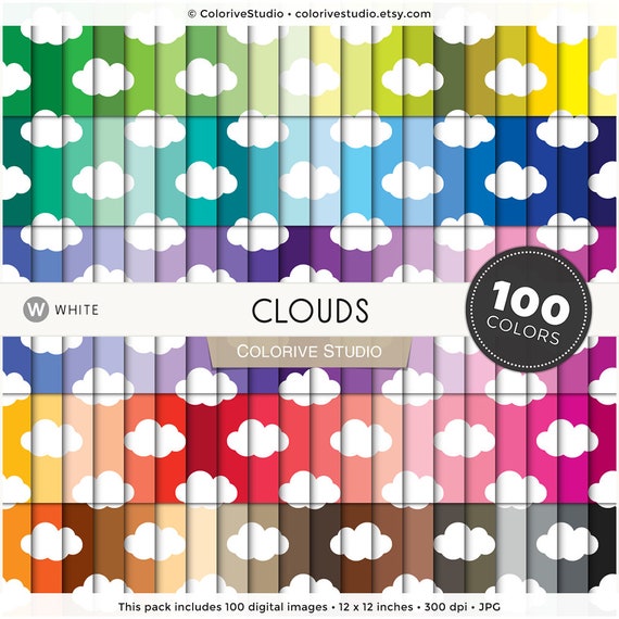 Clouds Digital Paper 100 Rainbow Colors Simple White Clouds | Etsy