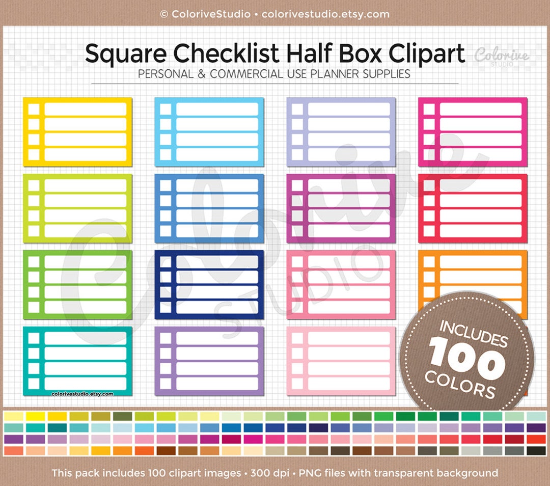 100 Square Checklist Half Box Planner Clipart 4 Items List - Etsy