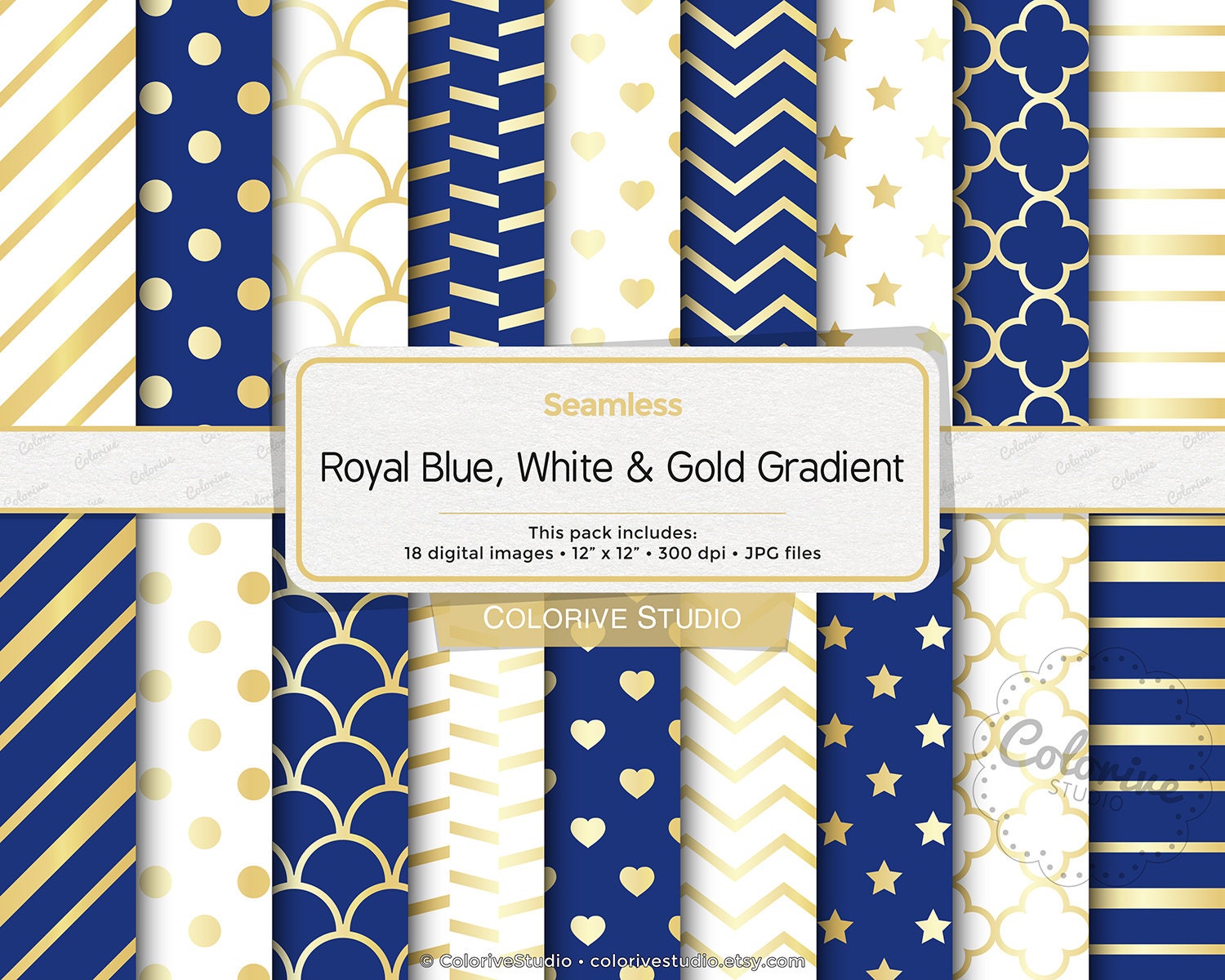 Royal Blue White & Gold digital paper white and gold blue | Etsy