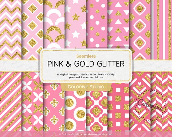 Pink & Gold Glitter Digital Paper Geometric Patterns in White | Etsy