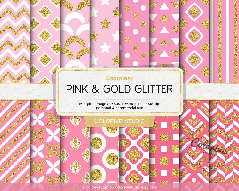 Pink & Gold Glitter Digital Paper Geometric Patterns in White | Etsy