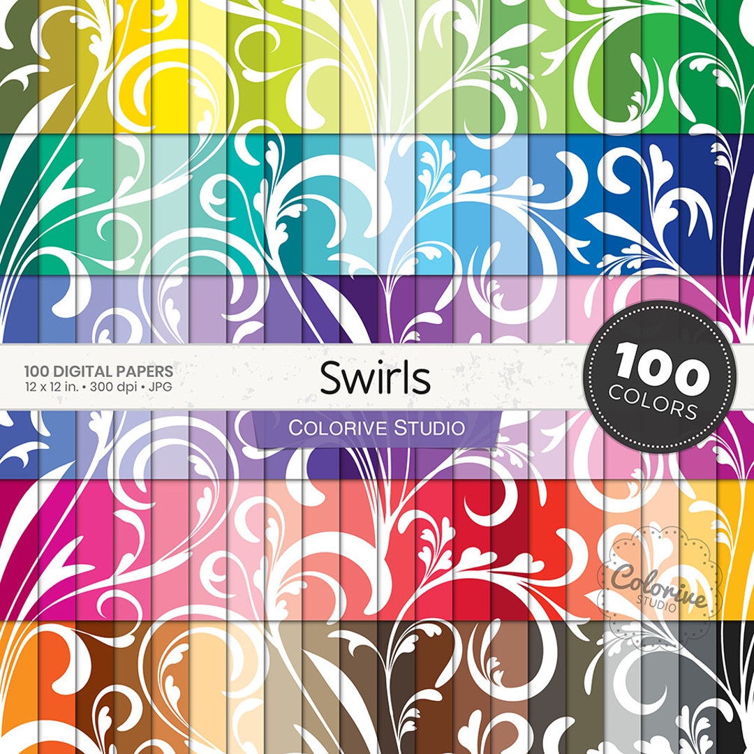 Swirls Digital Paper 100 Rainbow Colors Simple White Floral Swirl ...