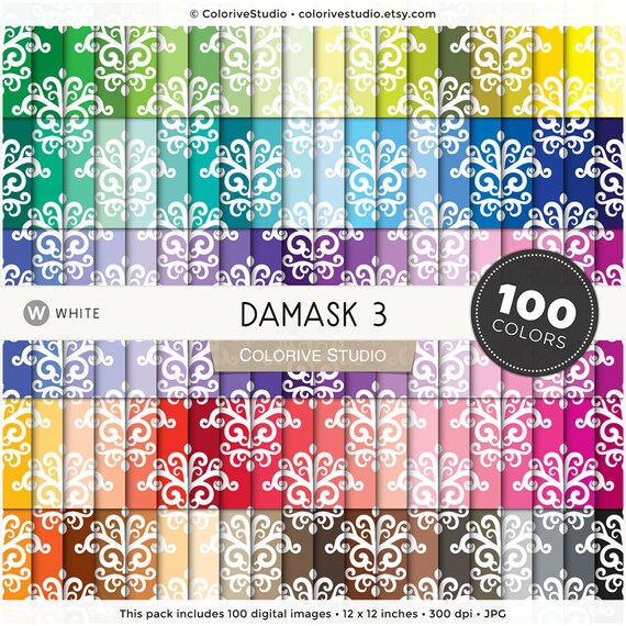 Damask 3 Digital Paper 100 Rainbow Colors Simple White Damask | Etsy