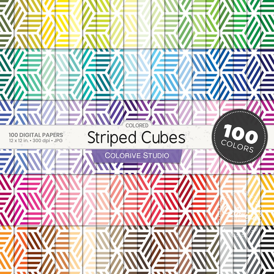 Colored Striped Cubes Digital Paper 100 Rainbow Colors Retro Isometric ...