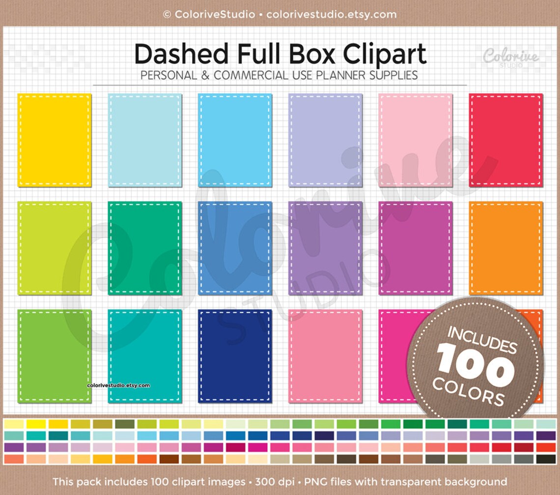 100 Dashed Full Box Planner Clipart Solid Color Stitched Erin | Etsy