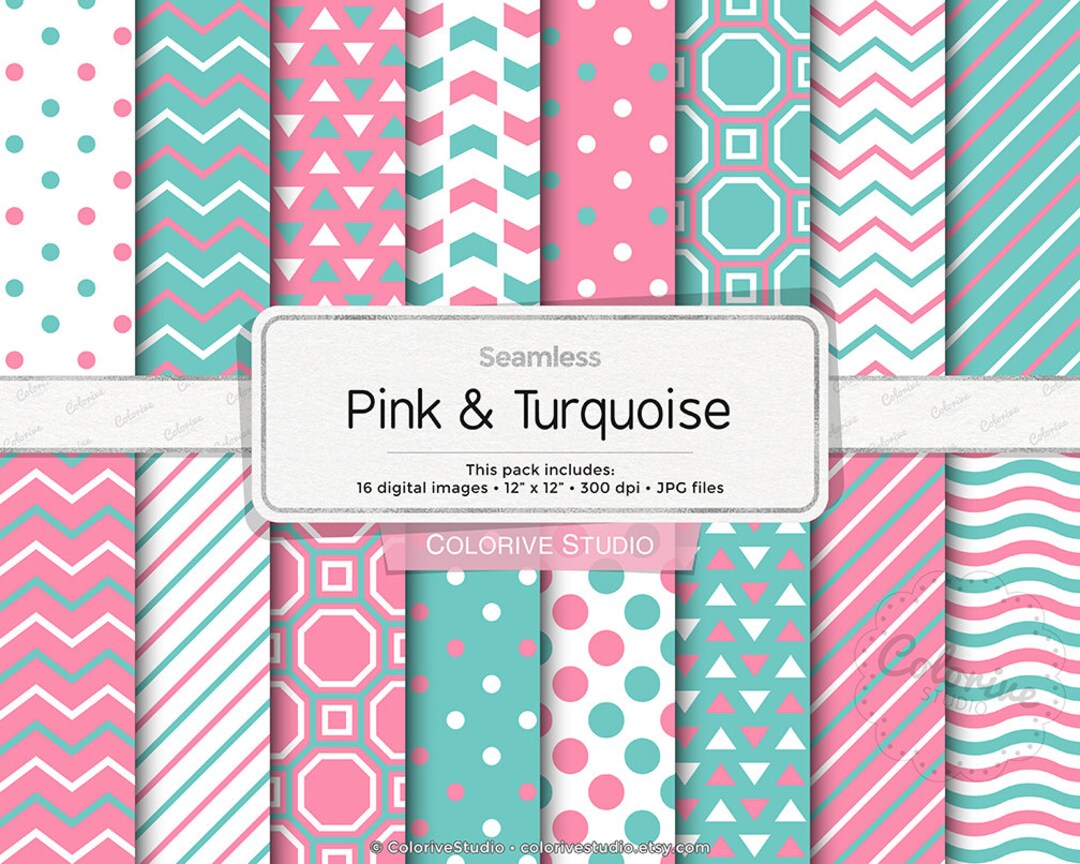 Pink & Turquoise Digital Paper Stripes Polka Dot Arrows Waves - Etsy