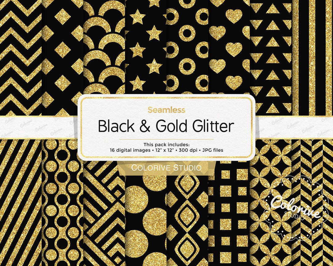 Black & Gold Glitter Digital Paper, Geometric Gold Glitter Patterns ...