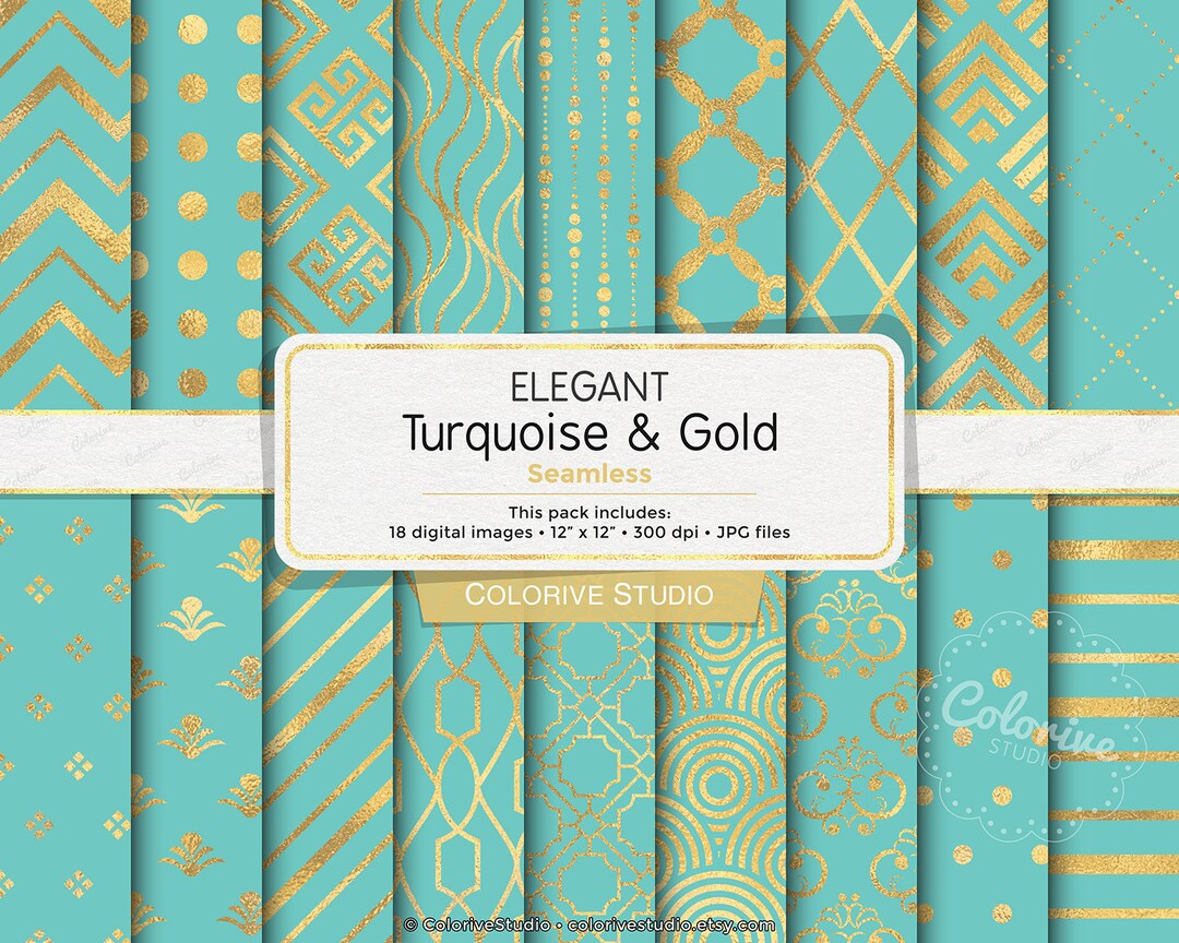 Turquoise and Gold Digital Paper Seamless Elegant Gold Foil - Etsy