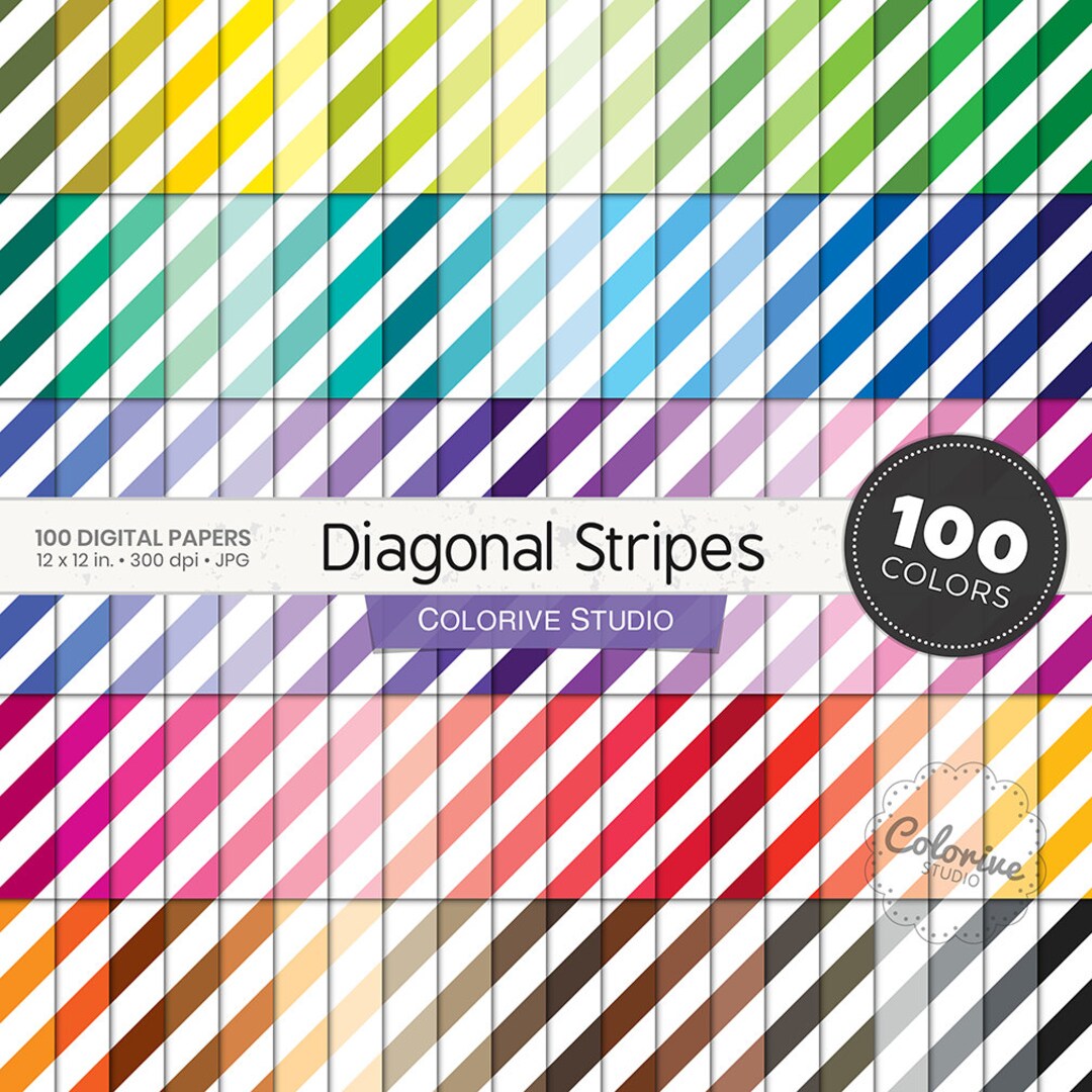 Diagonal Stripes Digital Paper 100 Rainbow Colors White Striped Pattern ...