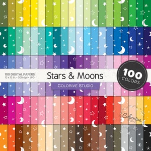 Stars and Moons Digital Paper 100 Rainbow Colors Starry Night Sky ...