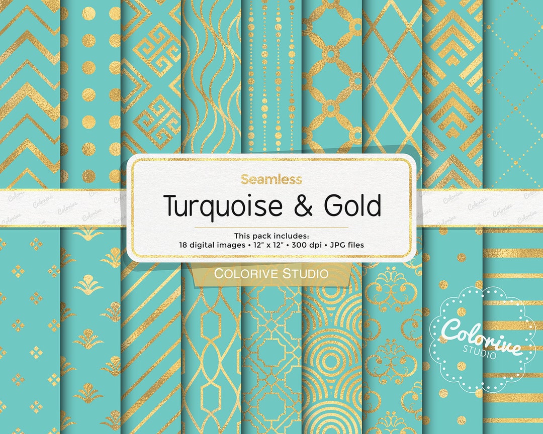 Turquoise and Gold Digital Paper Seamless Elegant Gold Foil Patterns on ...