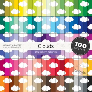 Clouds Digital Paper 100 Rainbow Colors Simple White Clouds Pattern ...